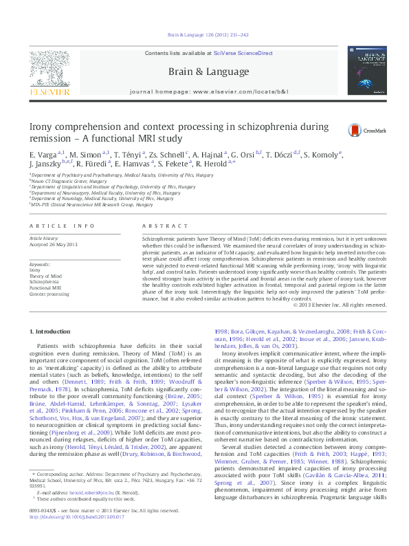 (PDF) Irony comprehension and context processing in schizophrenia duringremission – A functional ...