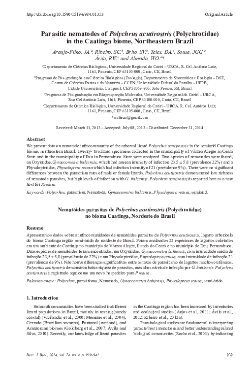 (PDF) Parasitic nematodes of Polychrus acutirostris (Polychrotidae) in ...