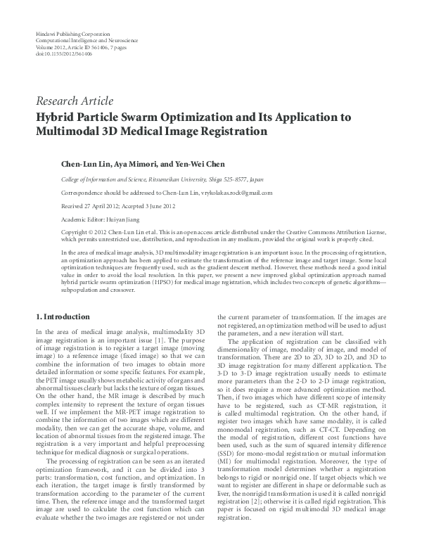 Pdf Research Article Hybrid Particle Swarm Optimization And Its Application To Multimodal 3d