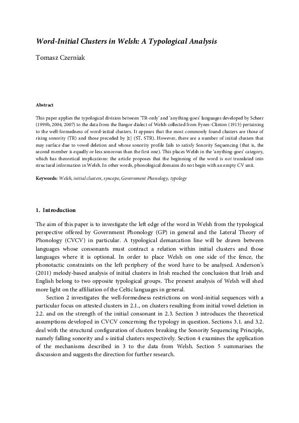 Word-Initial Clusters in Welsh. A Typological Analysis