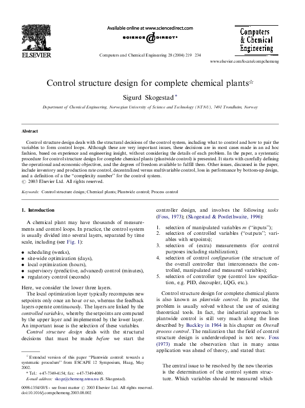 (PDF) Control structure design for complete chemical plants