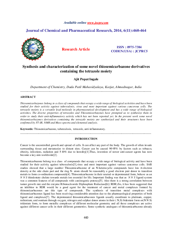 (PDF) Synthesis and characterization of some novel thiosemicarbazone ...