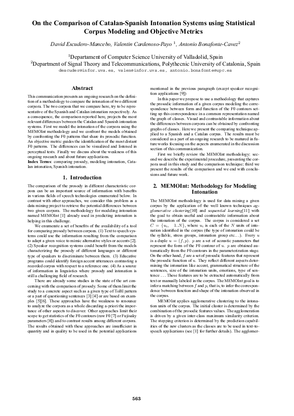 Pdf On The Comparison Of Catalan Spanish Intonation Systems Using Statistical Corpus Modeling