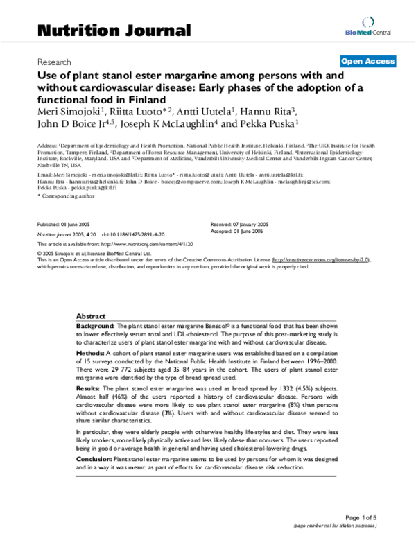 (PDF) Use of plant stanol ester margarine among persons with and ...