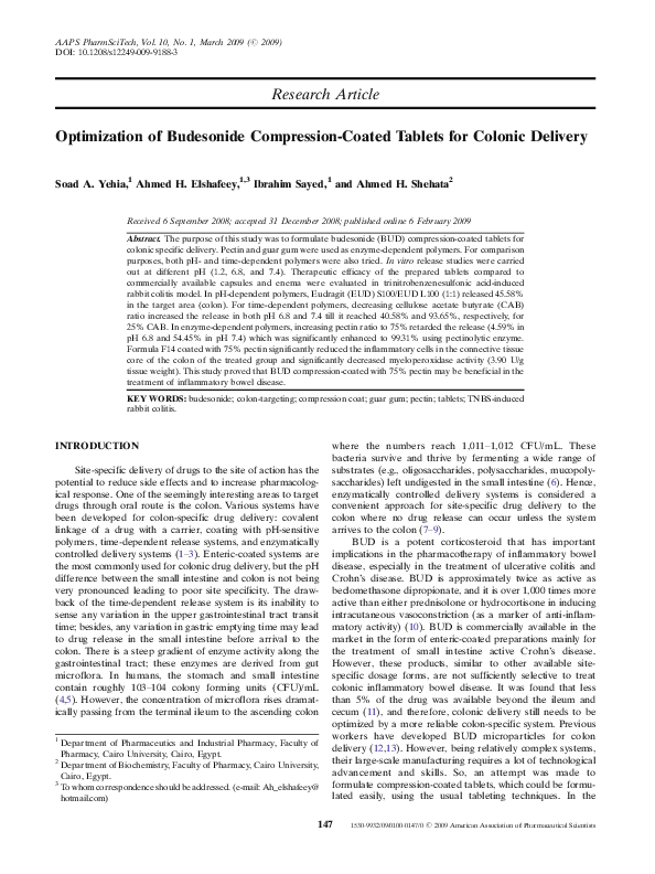 Pdf Optimization Of Budesonide Compression Coated Tablets For Colonic Delivery
