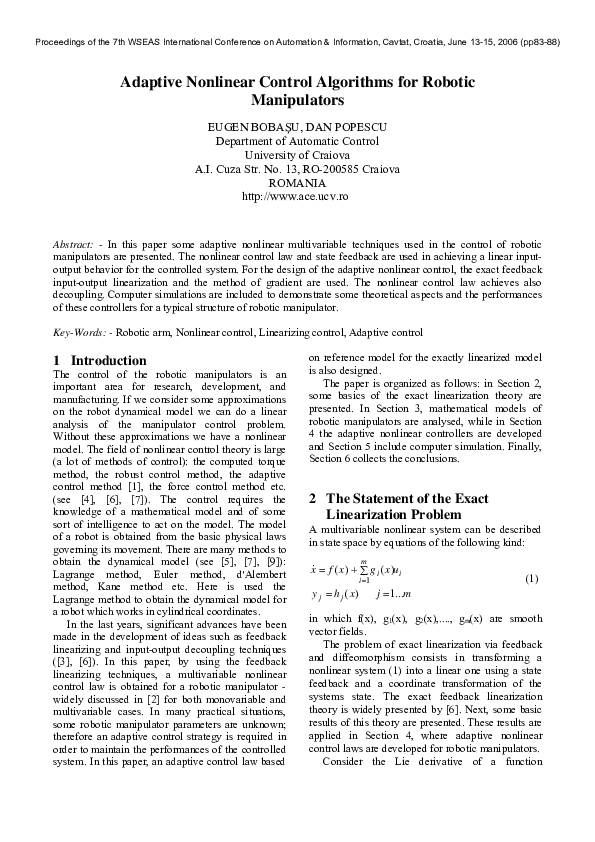 (PDF) Adaptive Nonlinear Control Algorithms for Robotic Manipulators