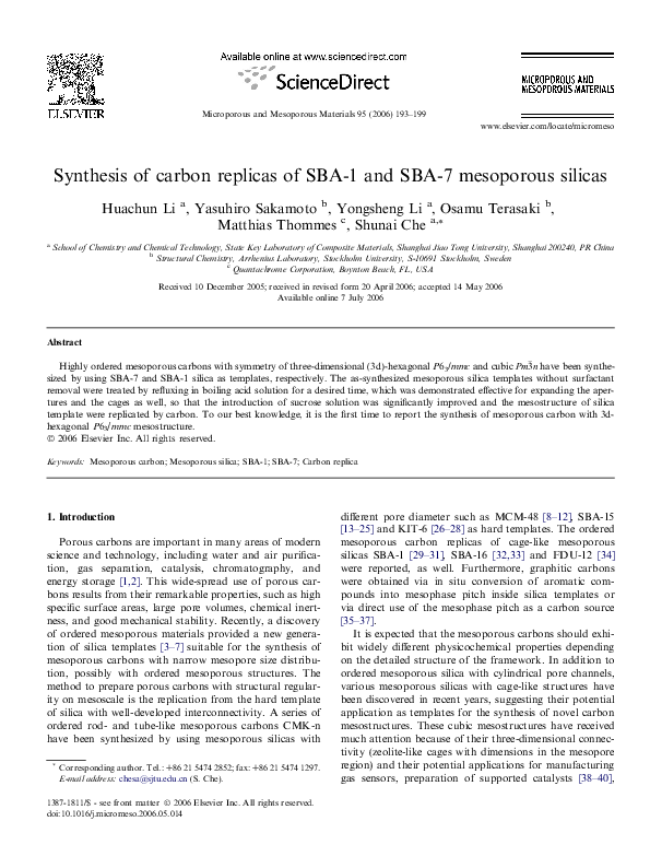 (PDF) Synthesis of carbon replicas of SBA-1 and SBA-7 mesoporous silicas