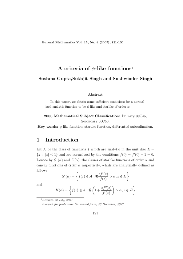 (PDF) A criteria of `-like functions1