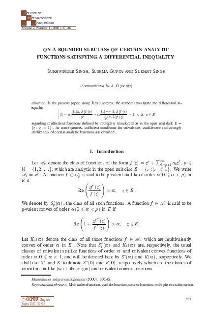 Pdf On A Bounded Subclass Of Certain Analytic Functions Satisfying A Differential Inequality