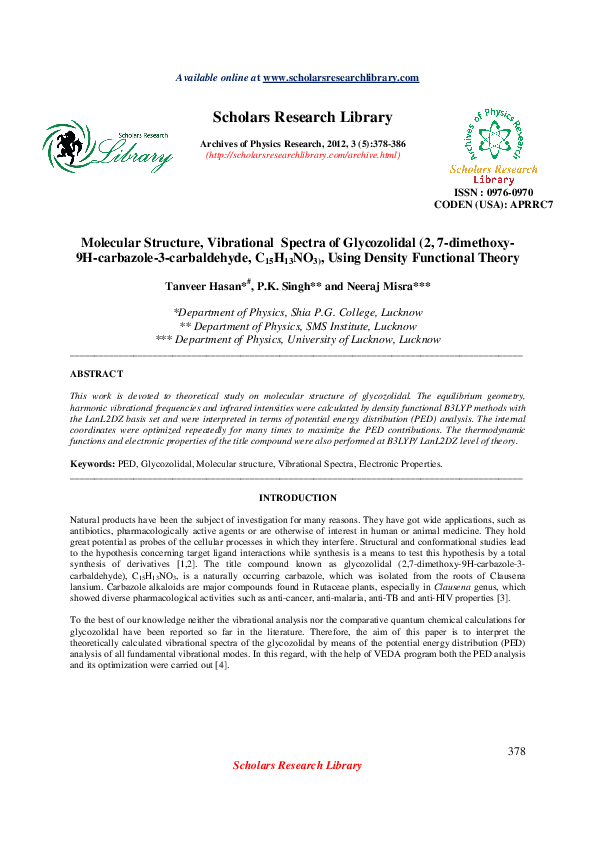 (PDF) Molecular Structure, Vibrational Spectra of Glycozolidal (2, 7-dimethoxy- 9H-carbazole-3 ...