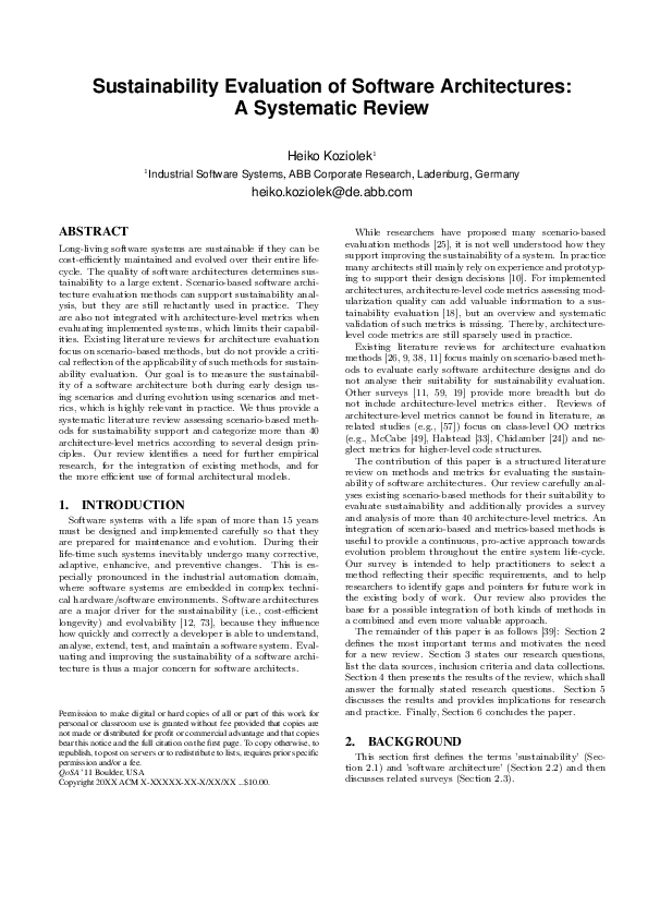(PDF) Sustainability Evaluation of Software Architectures: A Systematic ...