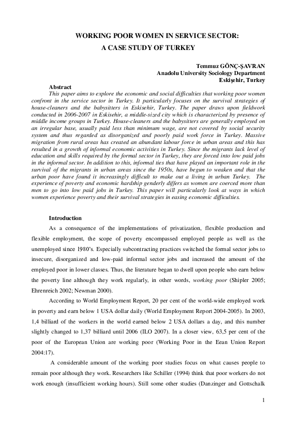 (PDF) Working Poor Women in Service Sector: A Case Study of Turkey