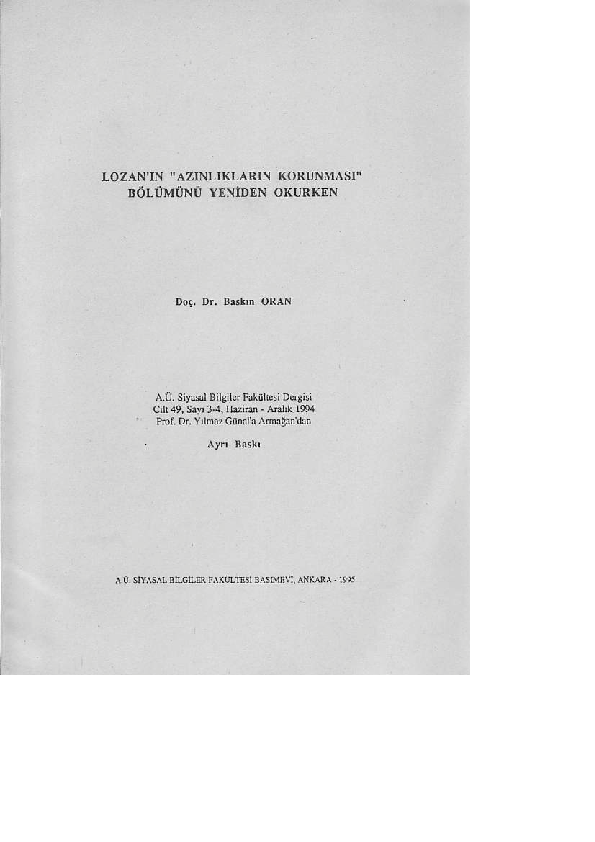 (PDF) Lozan'ın 'Azınlıkların Korunması' Bölümünü Yeniden Okurken