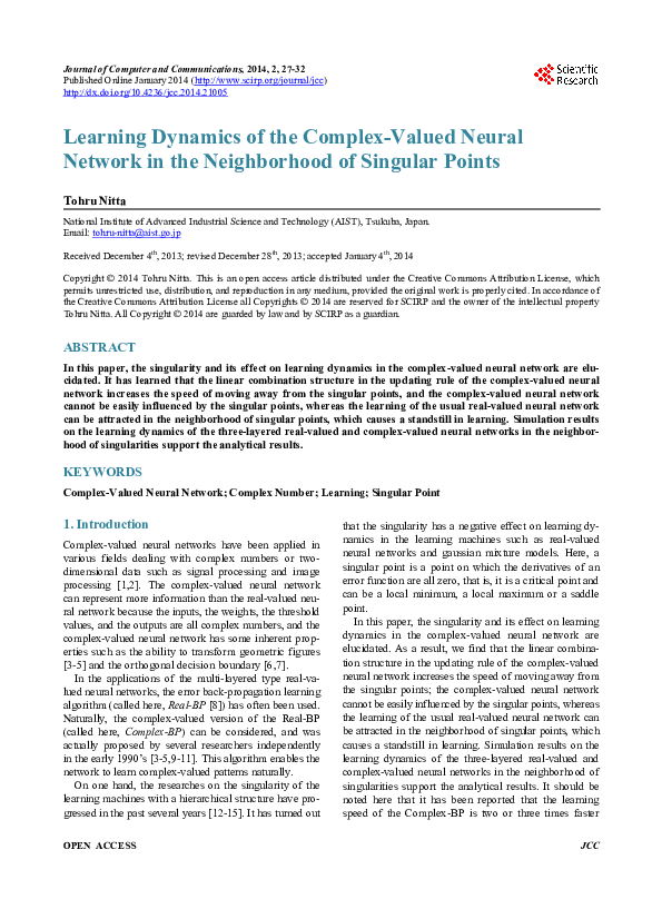 (PDF) Learning Dynamics of the Complex-Valued Neural Network in the Neighborhood of Singular Points