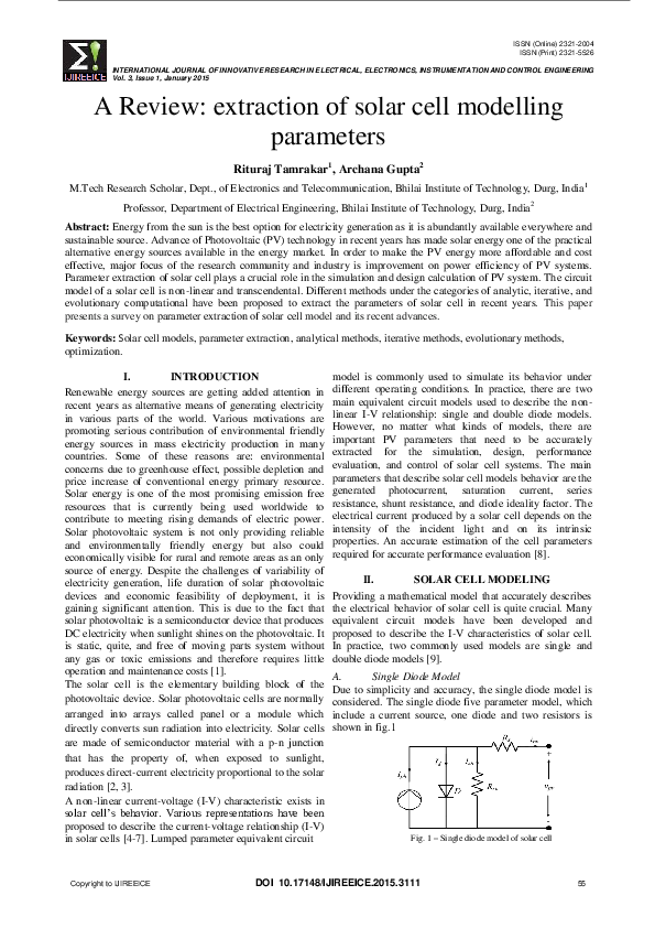 Pdf A Review Extraction Of Solar Cell Modelling Parameters
