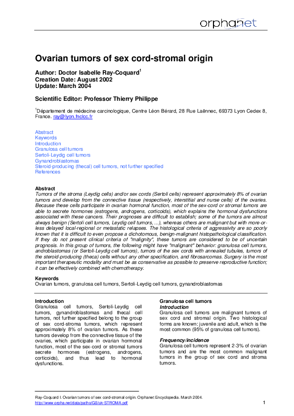 Pdf Ovarian Tumors Of Sex Cord Stromal Origin