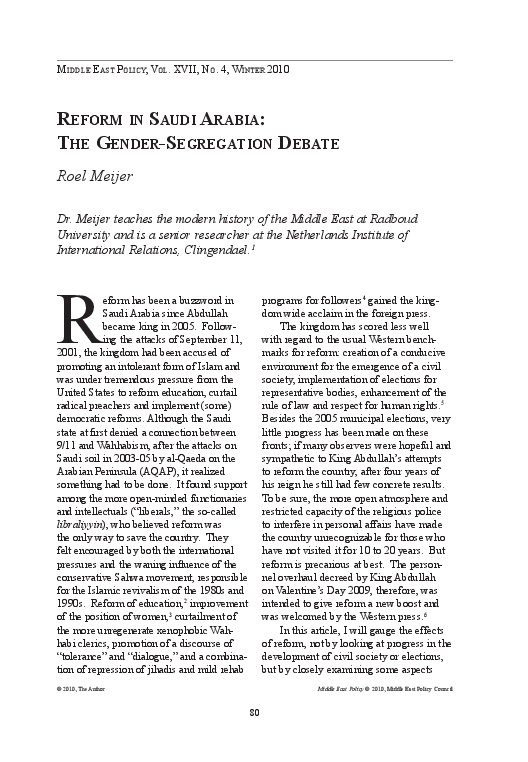 (PDF) “Reform in Saudi Arabia: The Gender Segregation Debate,” Middle ...