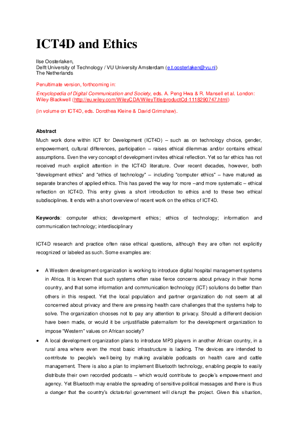 (PDF) ICT4D and Ethics