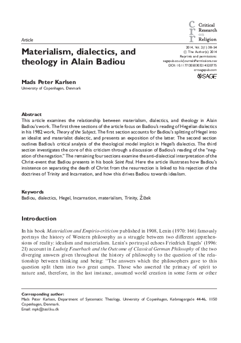 (PDF) Materialism Dialectics and Theology in Alain Badiou CRR - Karlsen