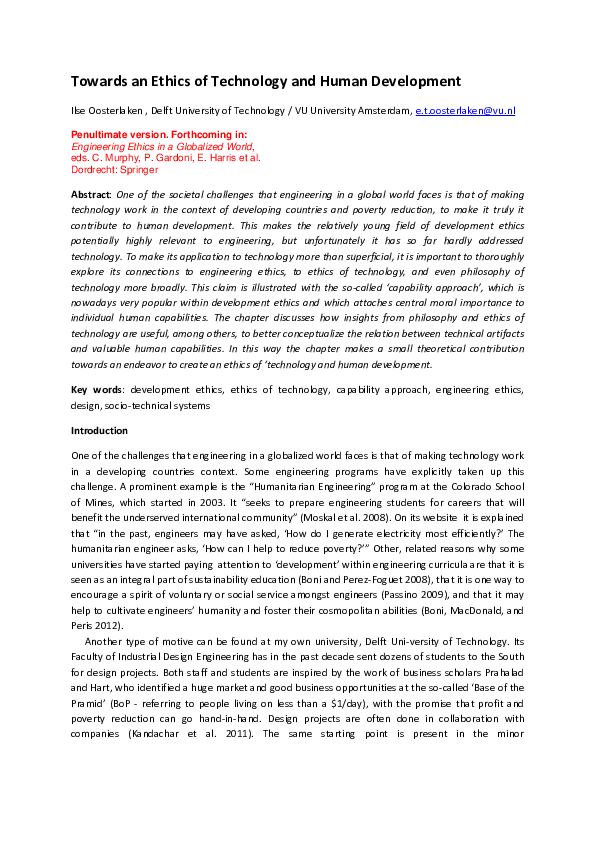 (PDF) Towards an Ethics of Technology and Human Development