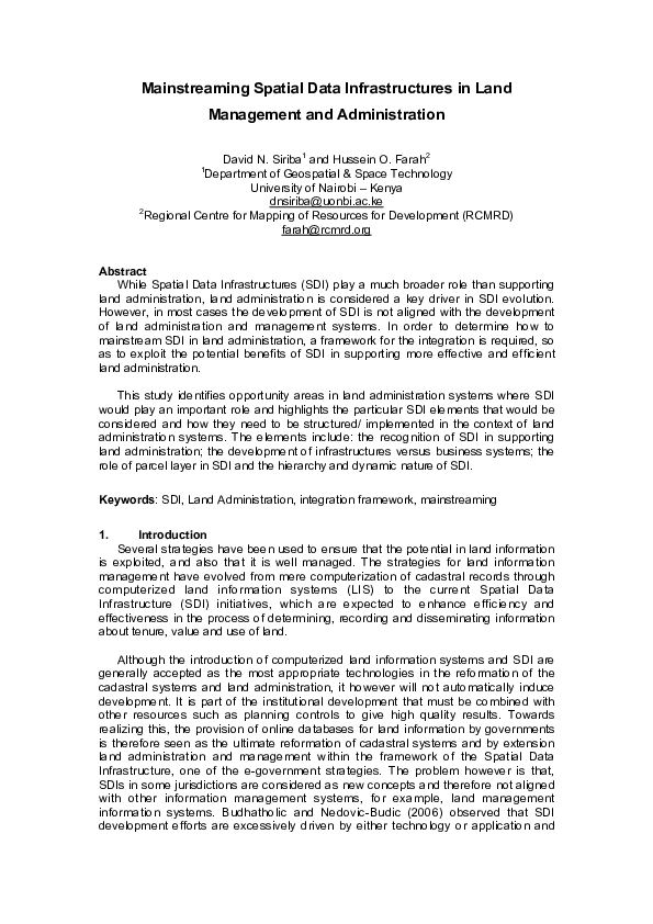 (PDF) Mainstreaming Spatial Data Infrastructures in Land Management and Administration