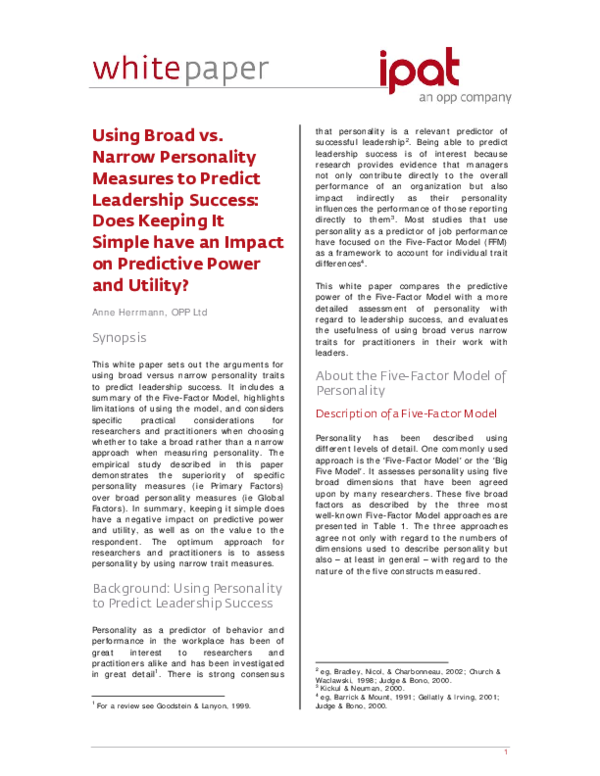 (PDF) Using Broad vs. Narrow Personality Measures to Predict Leadership ...