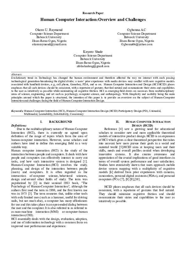 (DOC) Human Computer Interaction:Overview and Challenges