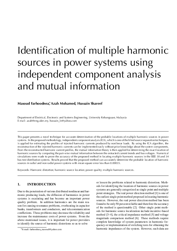 (PDF) Identification of multiple harmonic sources in power systems using independent component ...