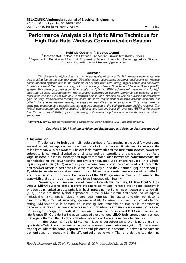 Pdf Performance Analysis Of A Hybrid Mimo Technique For High Data