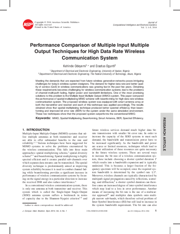 Pdf Performance Comparison Of Multiple Input Multiple Output Techniques For High Data Rate