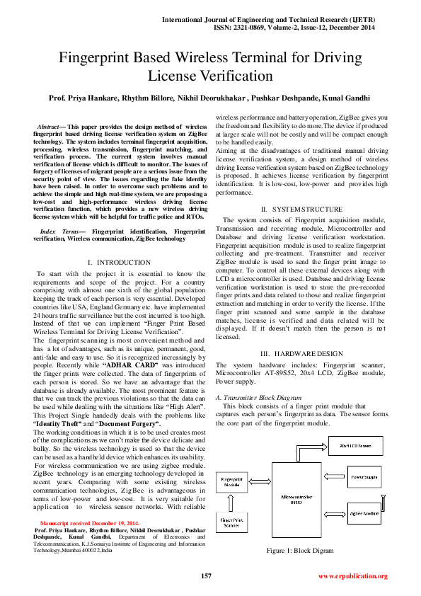 (PDF) Wireless Fingerprint System for License Verification