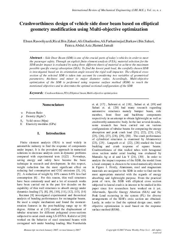 (PDF) Crashworthiness Design of Vehicle Side Door Beam Based on Elliptical Geometry Modification ...