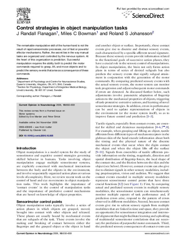 (PDF) Control strategies in object manipulation tasks