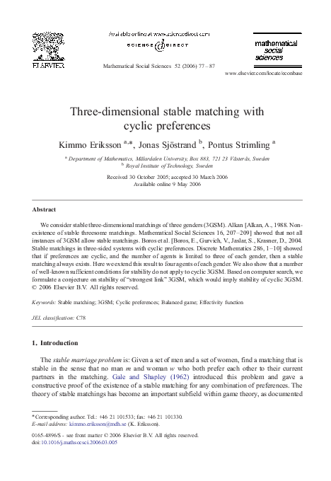 (PDF) Three-dimensional stable matching with cyclic preferences
