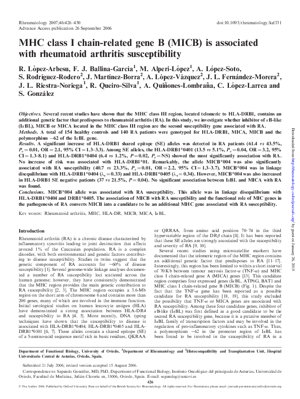 (PDF) MHC class I chain-related gene B (MICB) is associated with ...