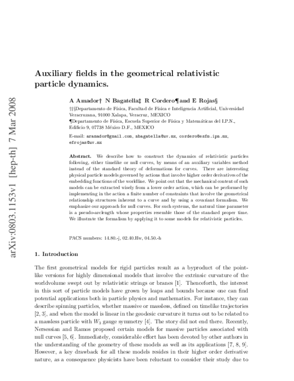 (PDF) Auxiliary fields in the geometrical relativistic particle dynamics