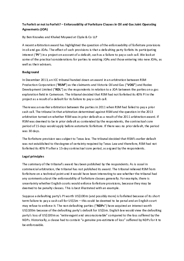 (PDF) To Forfeit or not to Forfeit? The enforceability of forfeiture ...