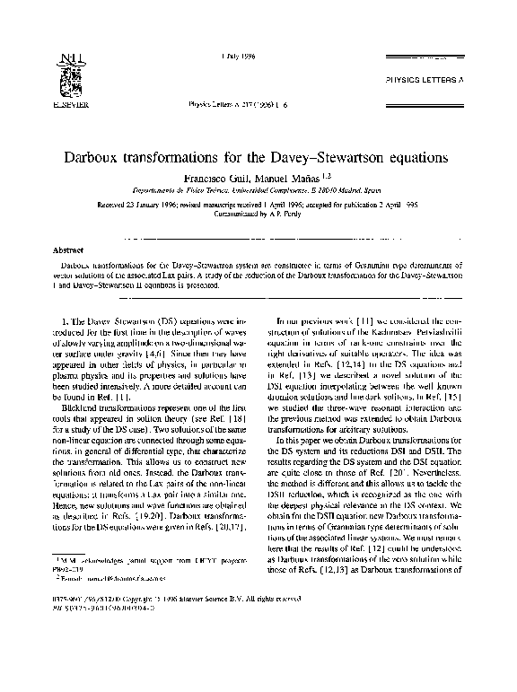 Pdf Darboux Transformations For The Davey—stewartson Equations