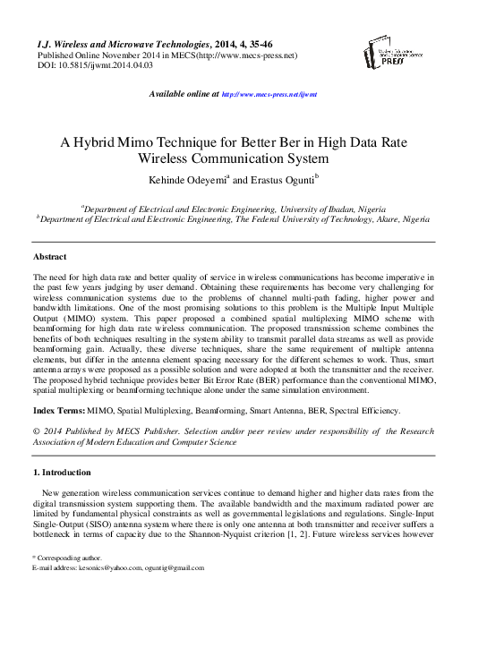 (PDF) Hybrid MIMO for Improved BER in Wireless