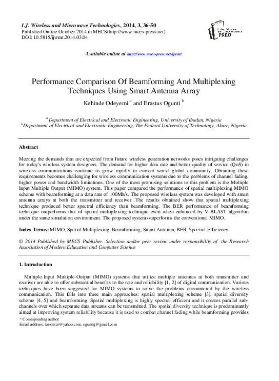 Pdf Performance Comparison Of Beamforming And Multiplexing Techniques Using Smart Antenna Array