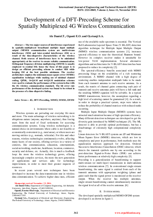 Pdf Development Of A Dft Precoding Scheme For Spatially Multiplexed 4g Wireless Communication