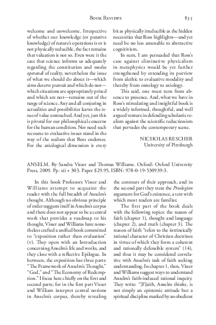 (PDF) Review of Williams/Visser, 'Anselm'