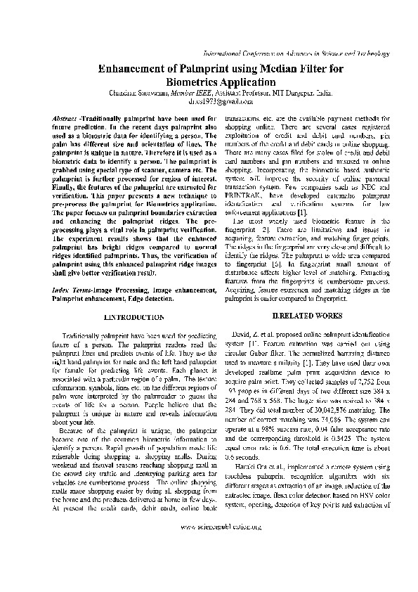 Doc Enhancement Of Palmprint Using Median Filter For Biometrics