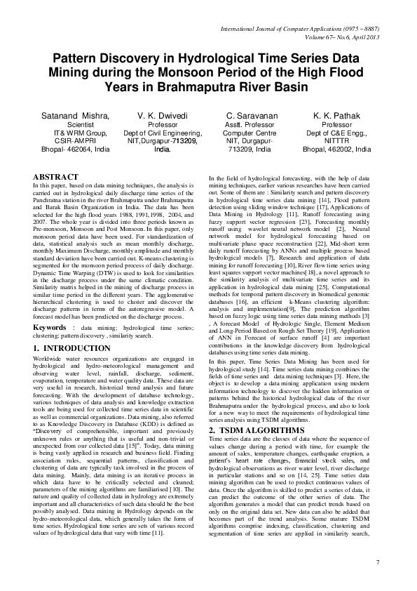 (PDF) Pattern Discovery in Hydrological Time Series Data Mining during the Monsoon Period of the ...