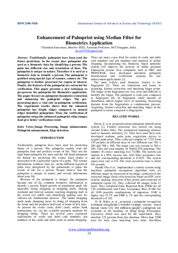 Pdf Enhancement Of Palmprint Using Median Filter For Biometrics