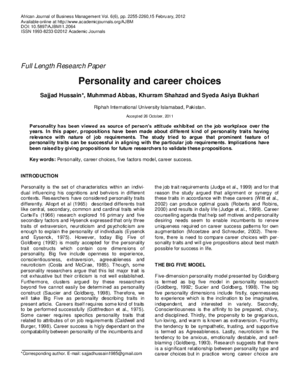 (PDF) Personality and career choices