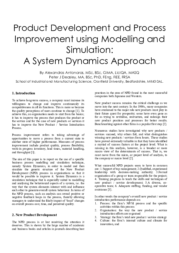 Pdf Product Development And Process Improvement Using Modelling And Simulation A System