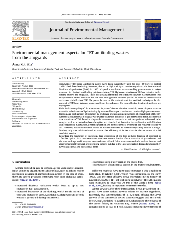 (PDF) Environmental management aspects for TBT antifouling wastes from ...