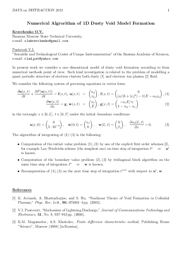 (PDF) Numerical Algrorithm of 1D Dusty Void Mo del Formation