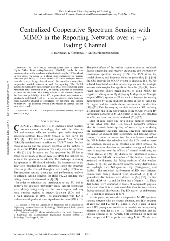 Spectrum Sensing over κ-μ fading channel